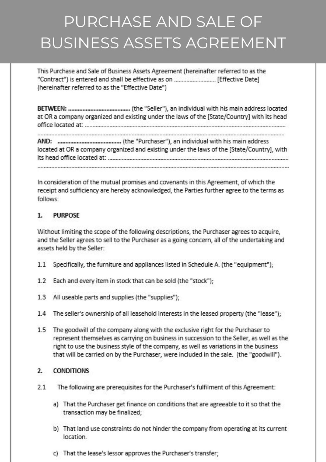 Purchase and Sale of Business Assets Agreement, Editable Template ...