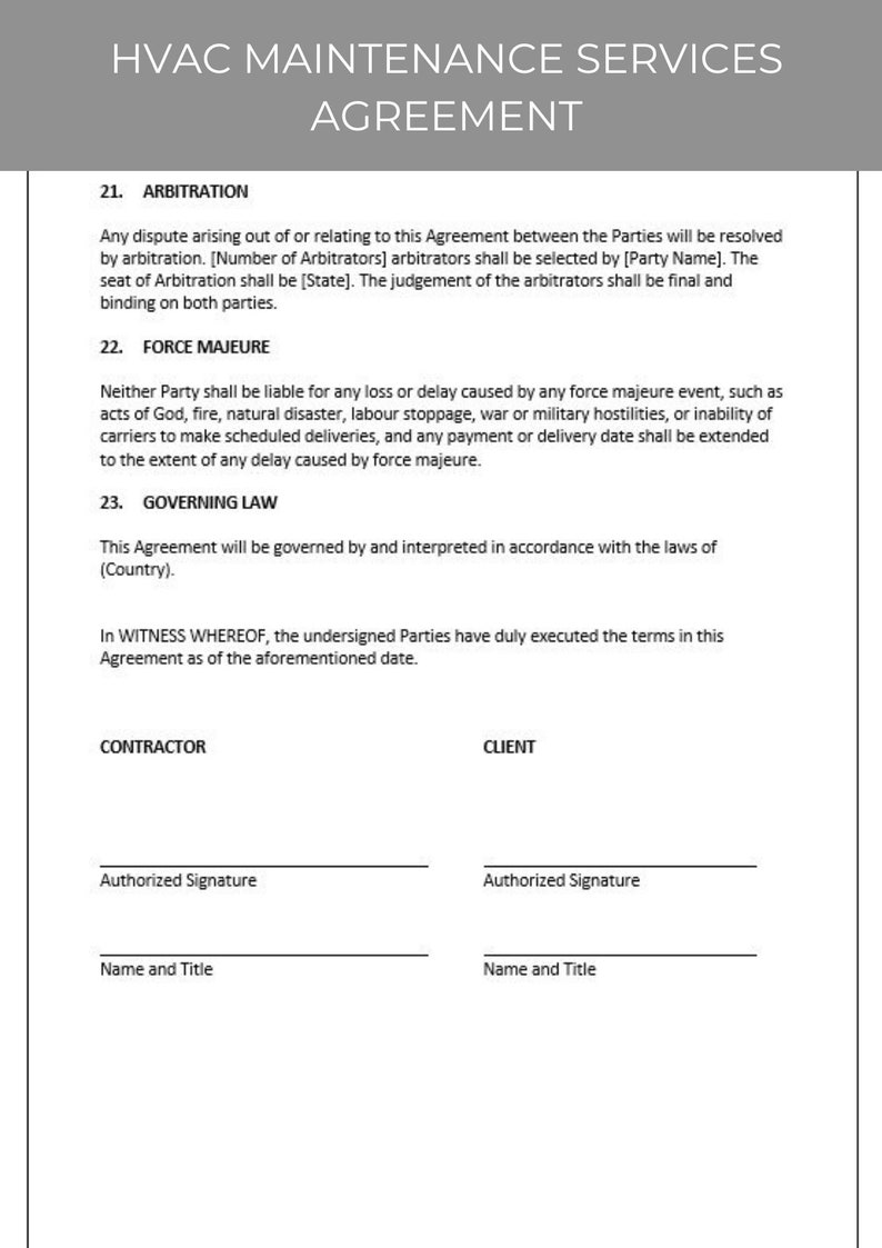 HVAC Maintenance Services Agreement, Editable Agreement, Contract ...