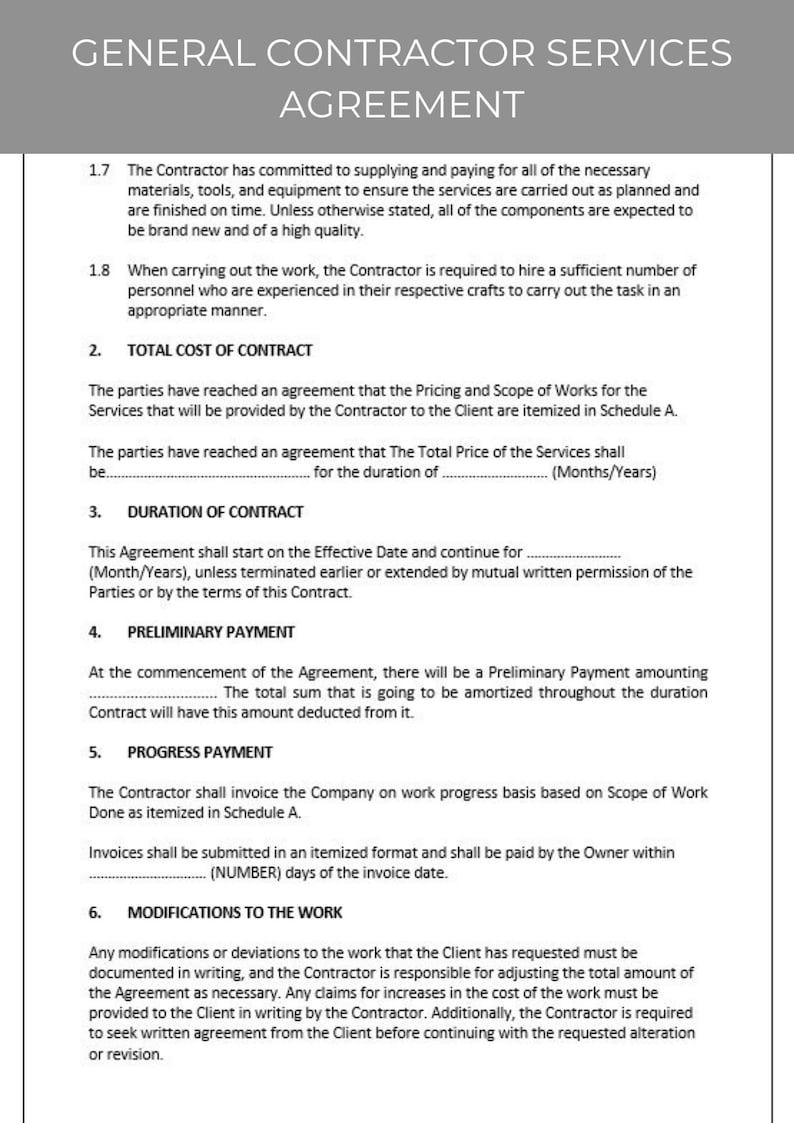 General Contractor Services Agreement, Editable Template, Contract ...
