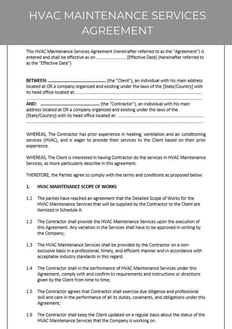 HVAC Maintenance Services Agreement, Editable Agreement, Contract ...