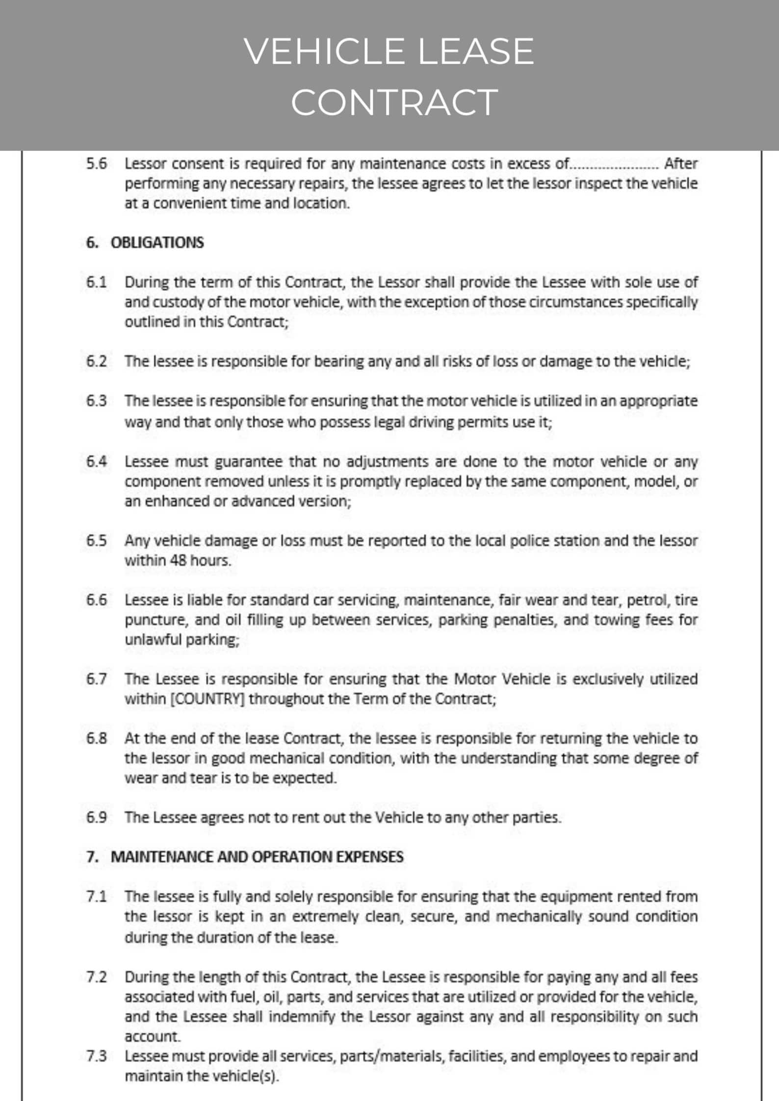 Vehicle Lease Contract, Vehicle Lease Agreement, Rental Agreement ...