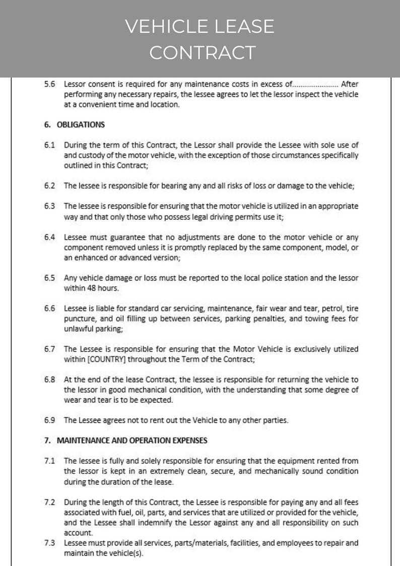 Vehicle Lease Contract, Vehicle Lease Agreement, Rental Agreement, Lease Contract, Contract ...