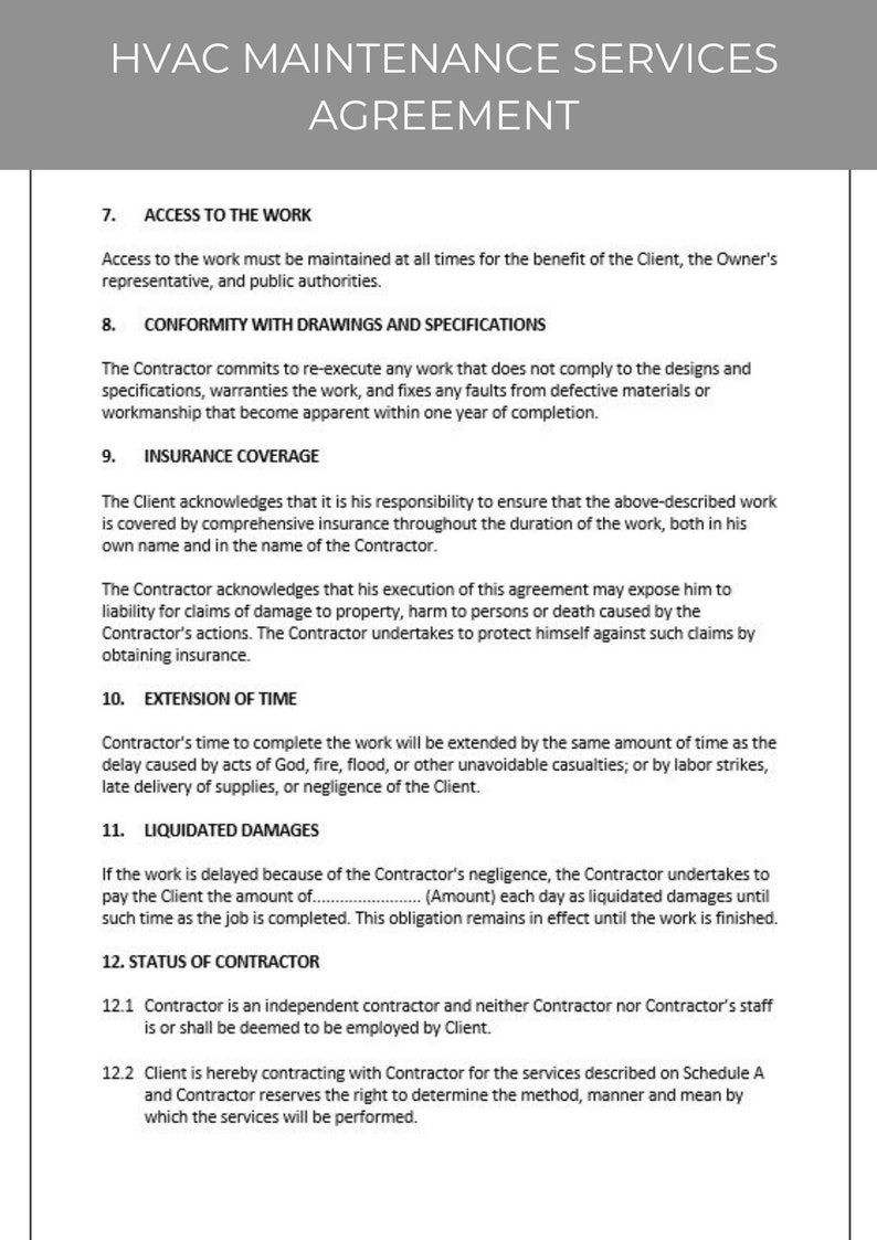 HVAC Maintenance Services Agreement, Editable Agreement, Contract ...