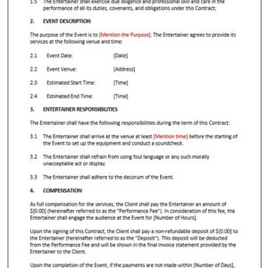 Entertainment Contract, Editable Template, Contract Agreement ...