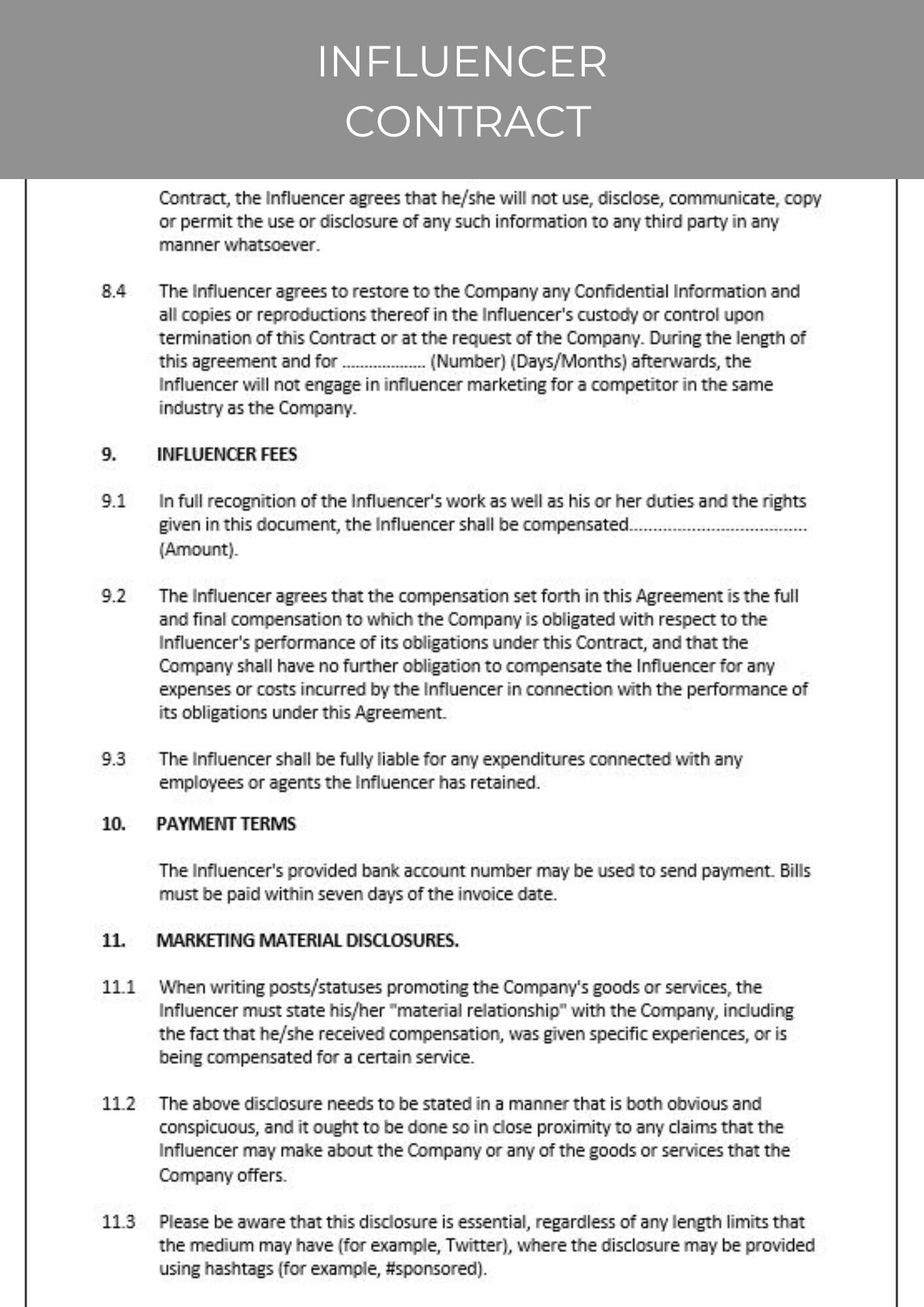 Influencer Contract, Editable Contract, Contract Agreement, Influencer ...