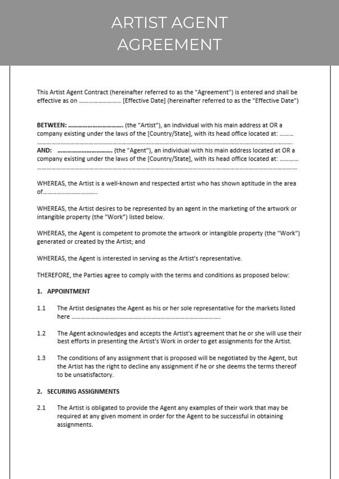 Artist Agent Agreement, Contract Agreement, Contract Template ...