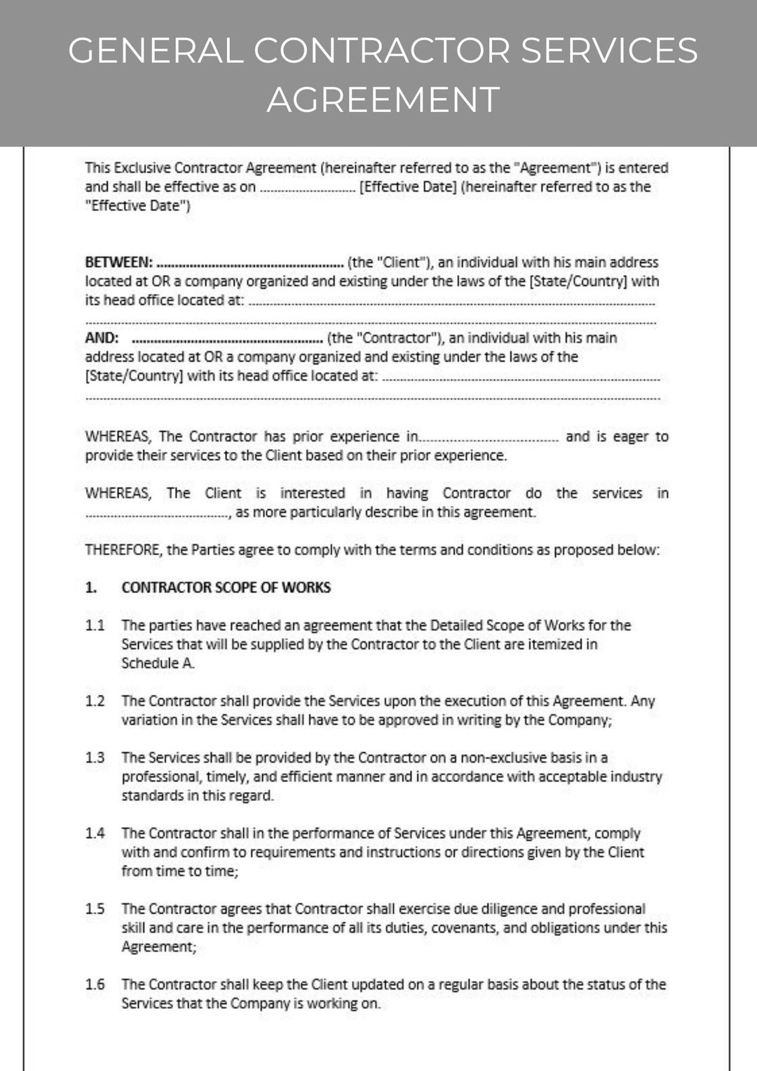 General Contractor Services Agreement, Editable Template, Contract ...