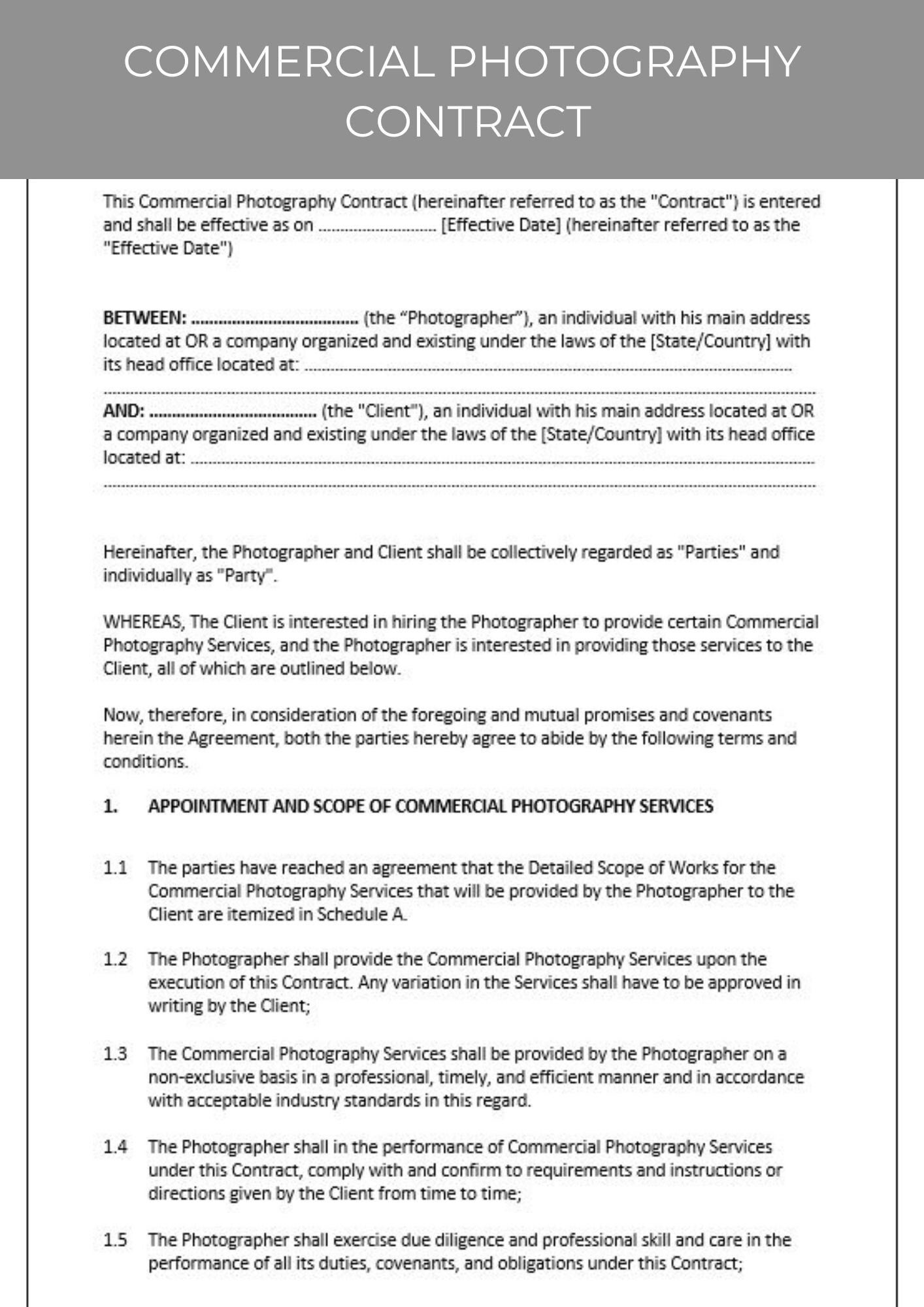 Commercial Photography Contract, Editable Template, Contract Agreement ...