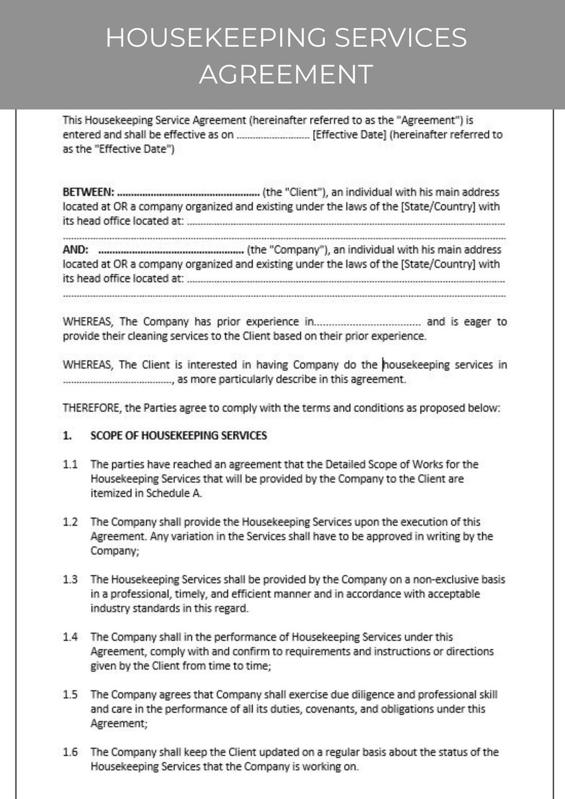 Housekeeping Service Agreement, Editable Template, Contract Agreement ...