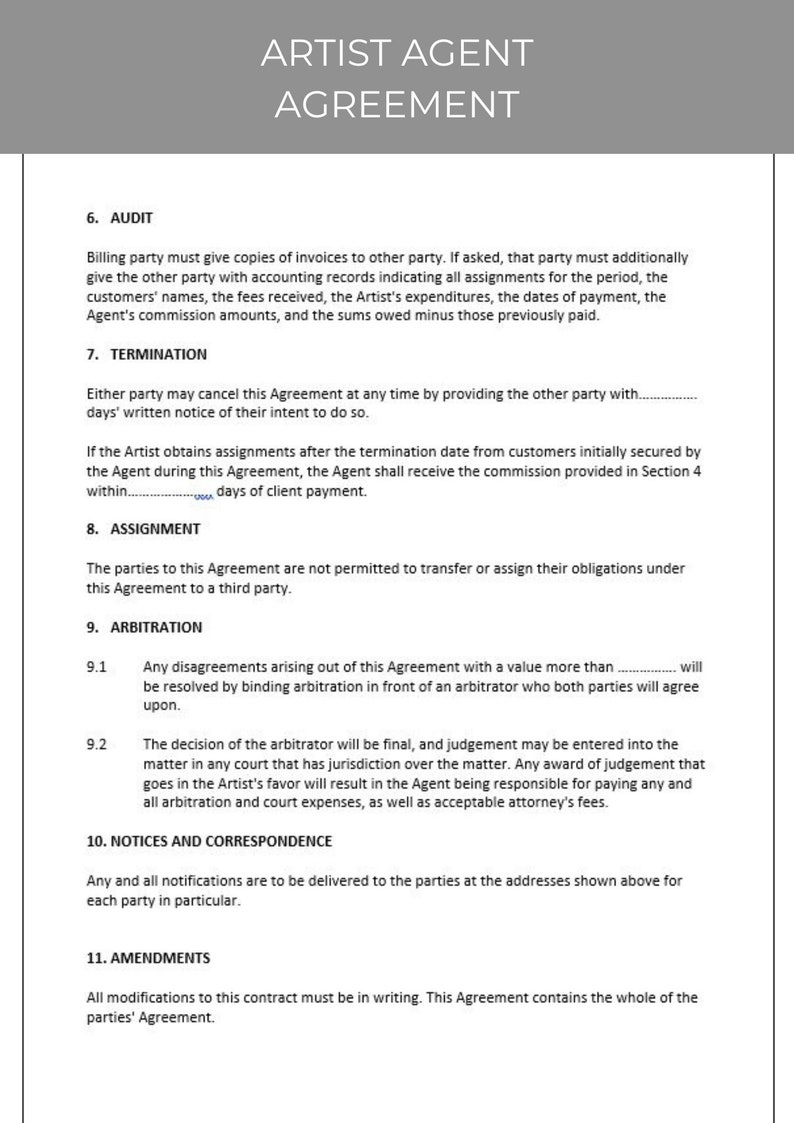 Artist Agent Agreement, Contract Agreement, Contract Template ...