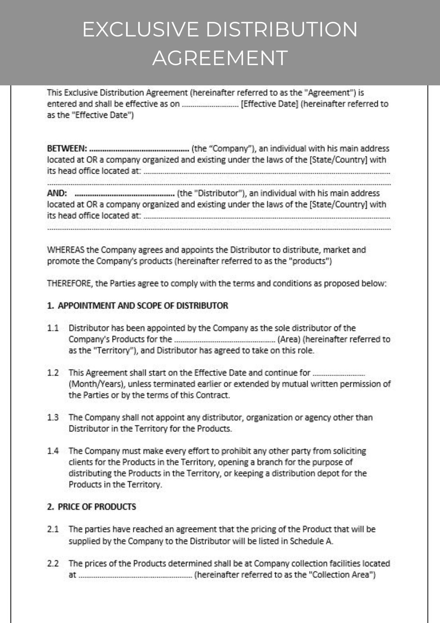 Exclusive Distribution Agreement, Editable Template, Contract Agreement ...