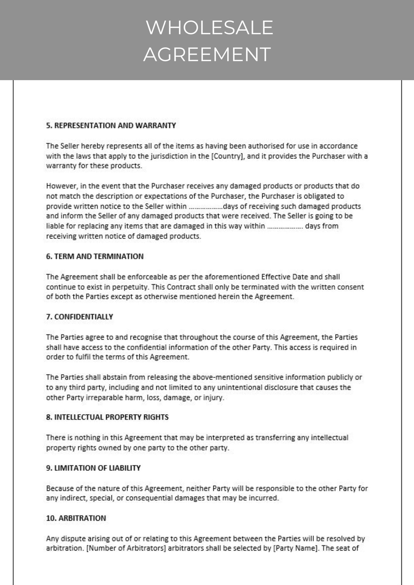 Wholesale Agreement Editable Template Wholesale Contract Agreement
