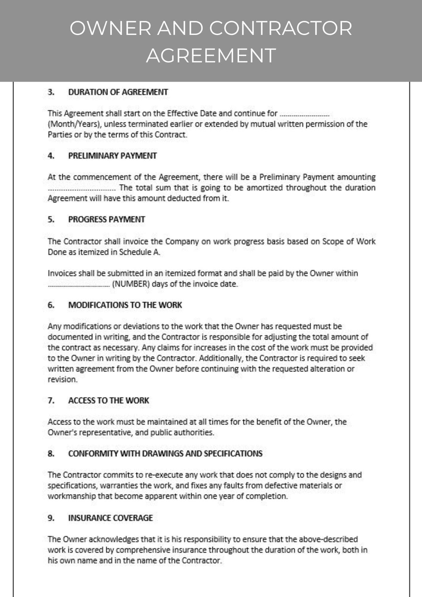 Owner and Contractor Agreement, Construction Agreement, Contract ...