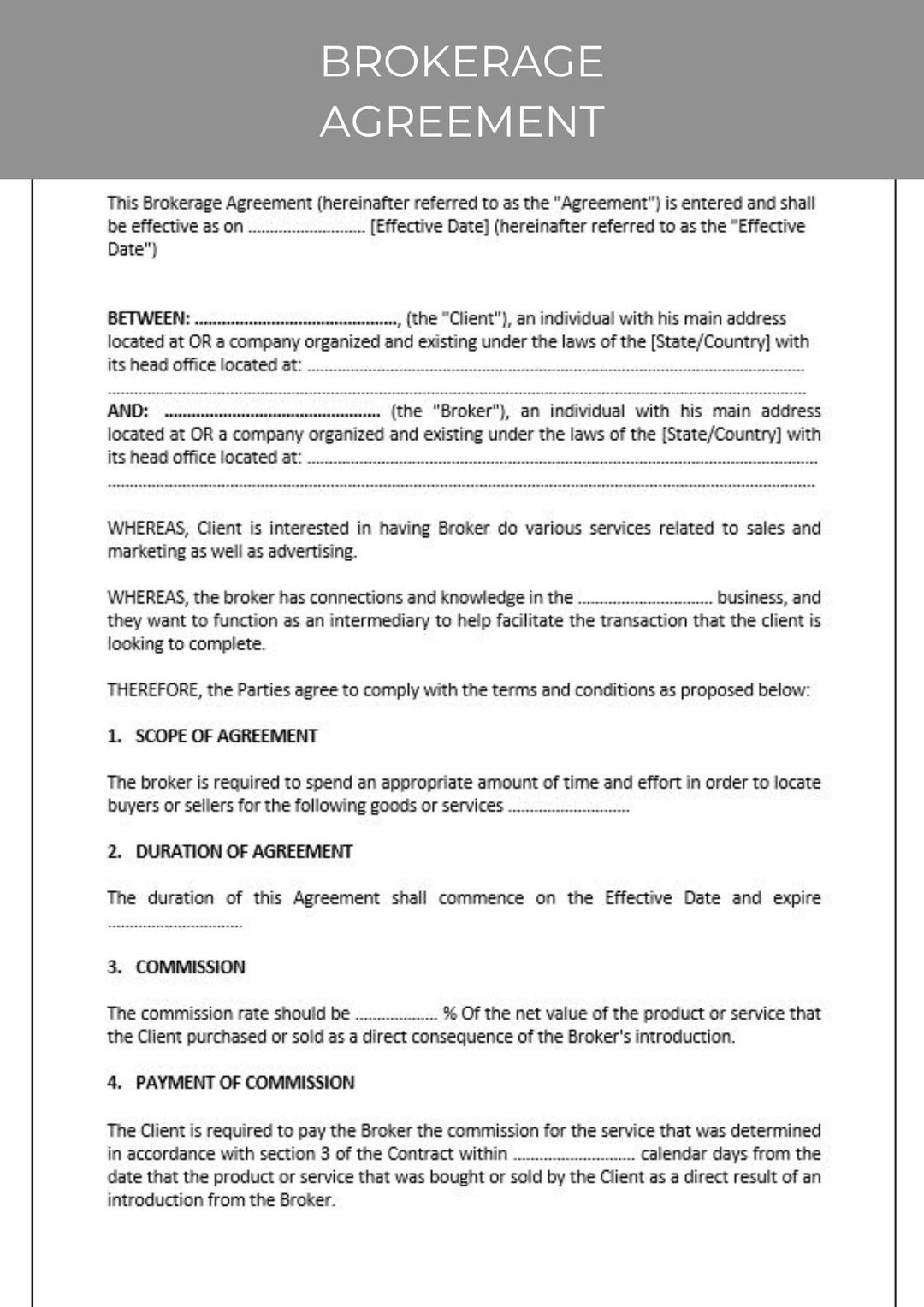 Brokerage Agreement, Contract Agreement, Contract Template, Editable ...