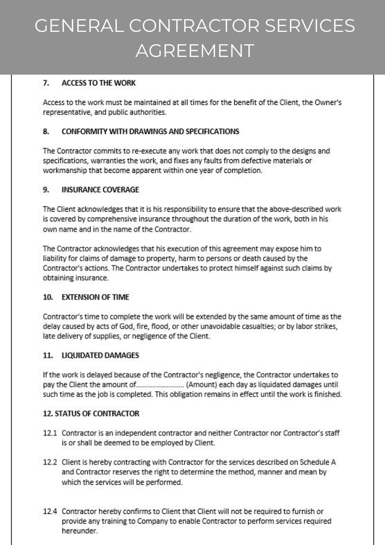General Contractor Services Agreement, Editable Template, Contract ...