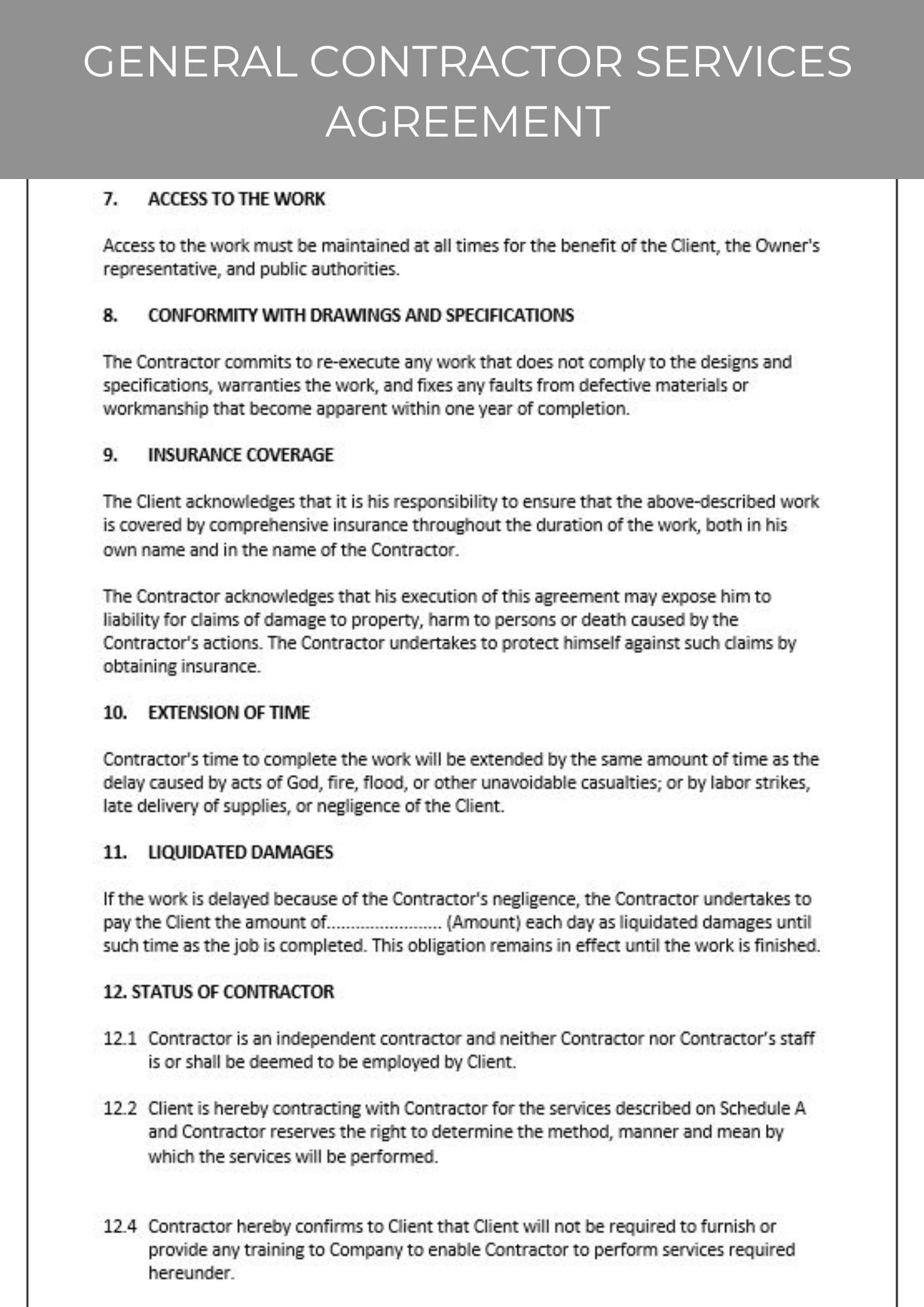 General Contractor Services Agreement, Editable Template, Contract ...