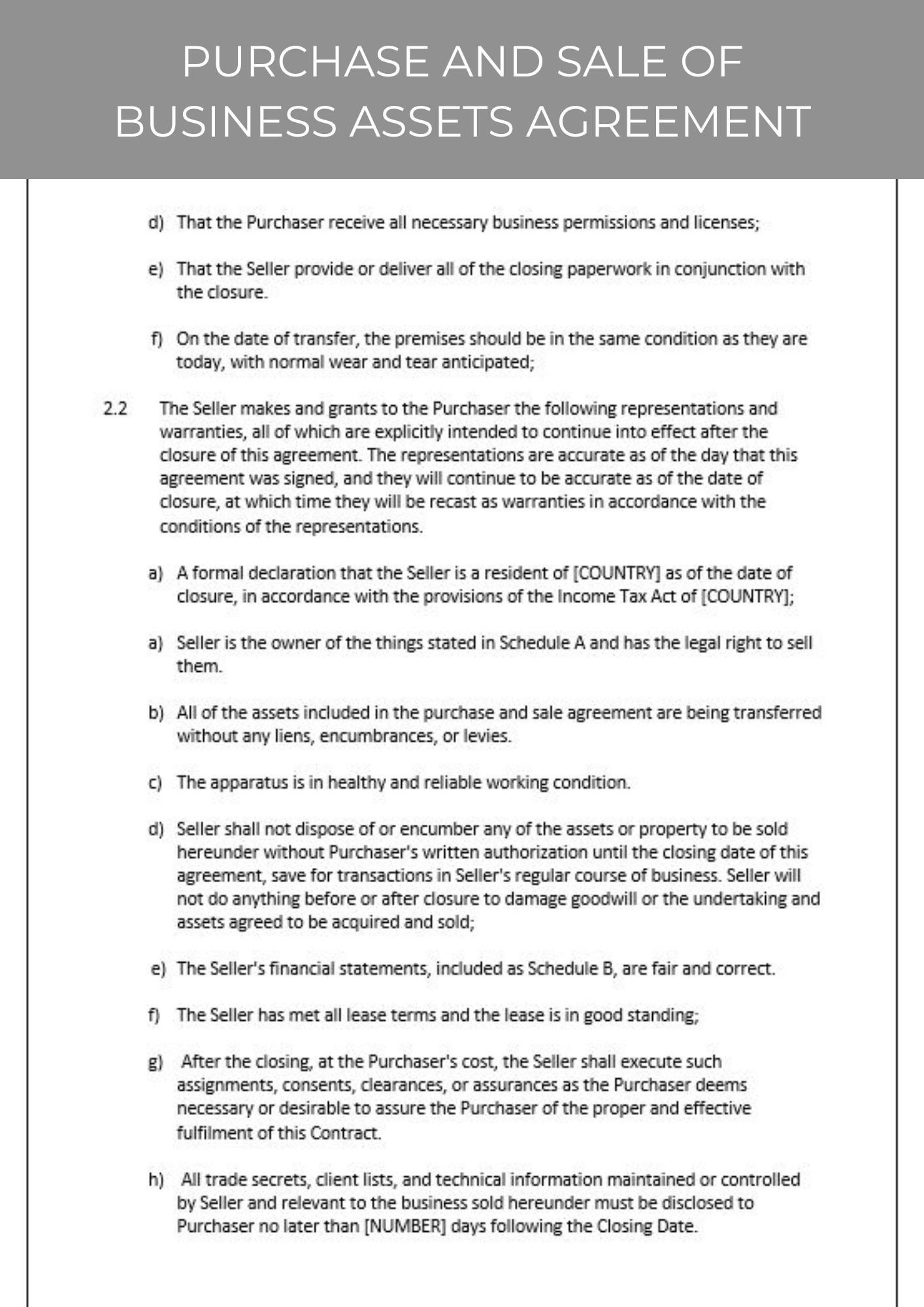 Purchase and Sale of Business Assets Agreement, Editable Template ...