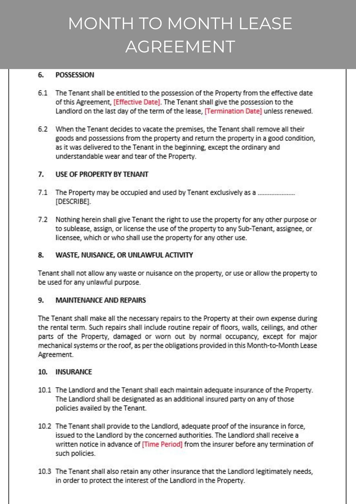 Month to Month Lease Agreement, Rental Agreement, Residential Lease ...