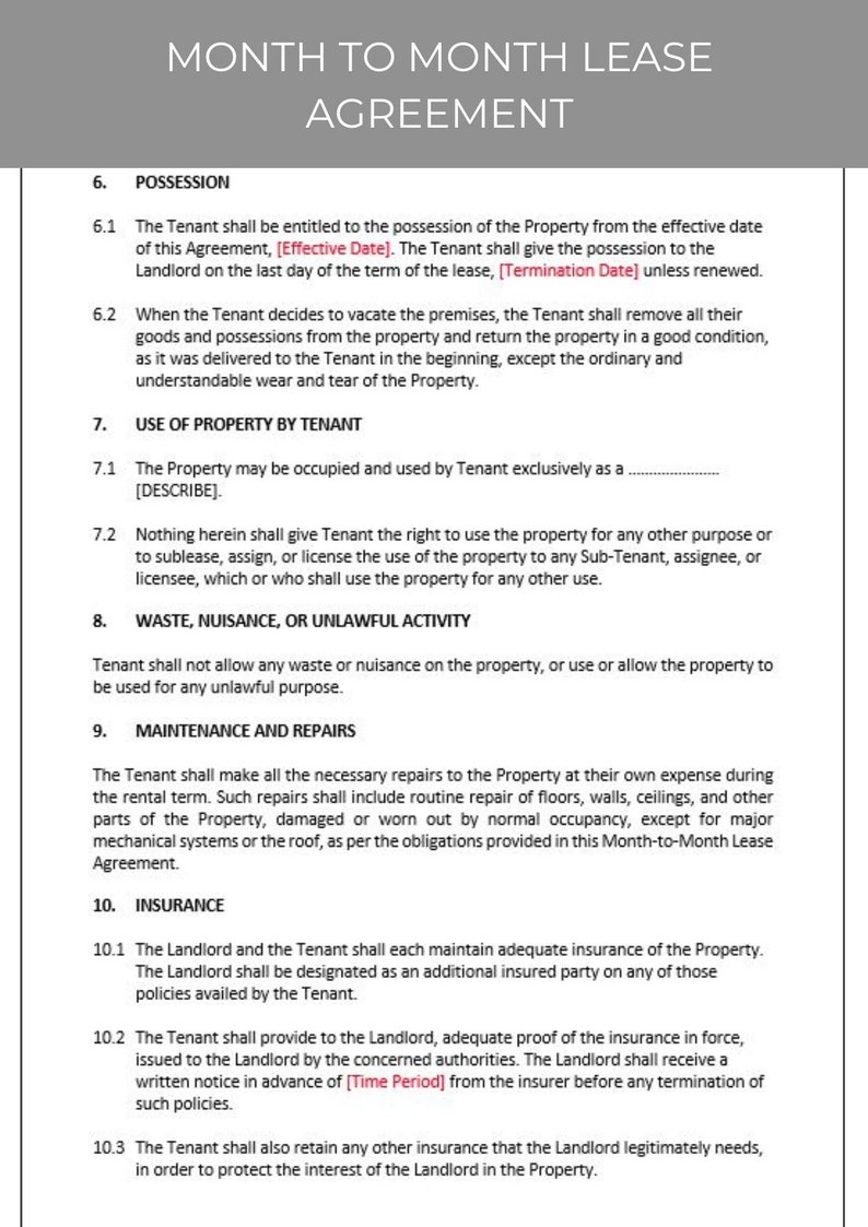 Month to Month Lease Agreement, Rental Agreement, Residential Lease ...