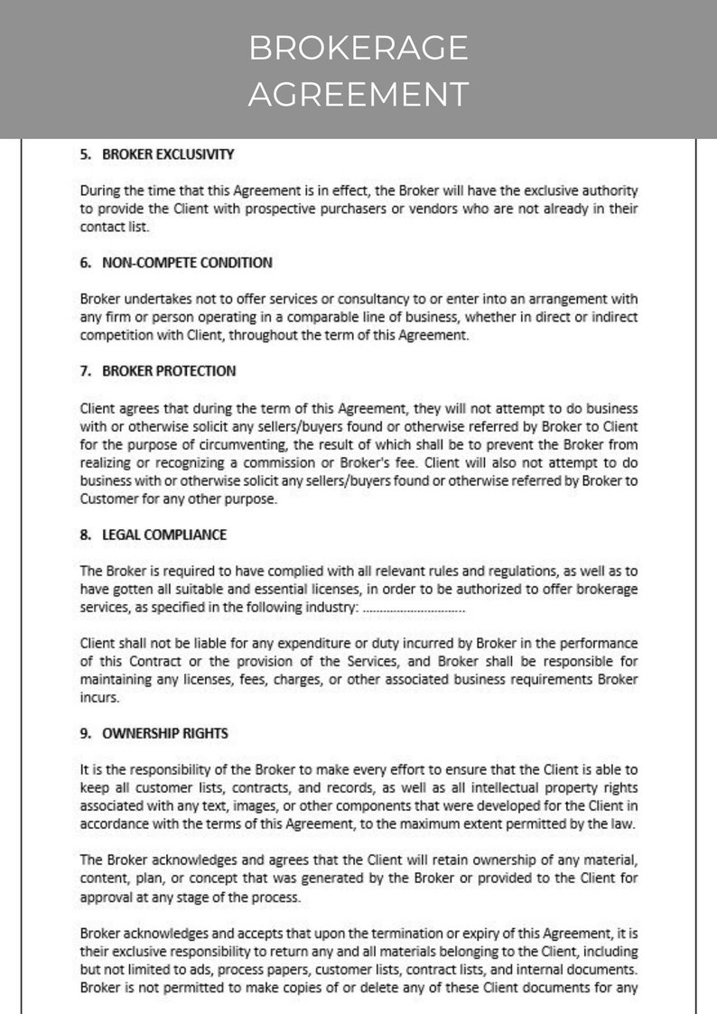 Brokerage Agreement, Contract Agreement, Contract Template, Editable ...