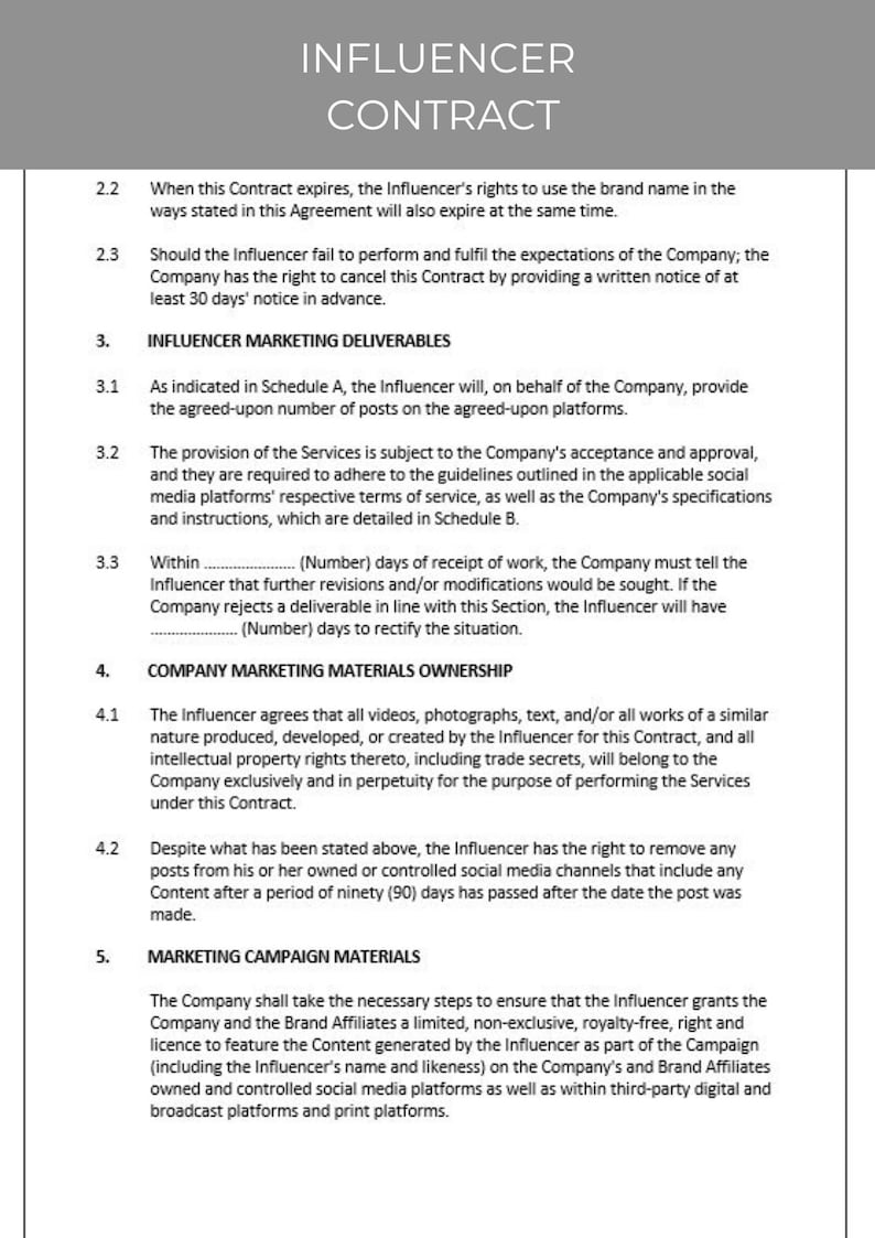 Influencer Contract, Editable Contract, Contract Agreement, Influencer ...