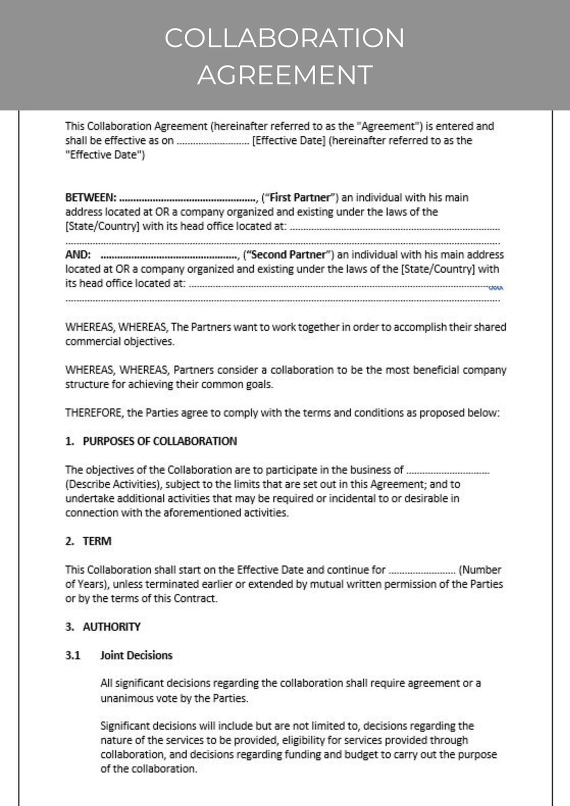 Collaboration Agreement, Contract Agreement, Editable Template ...