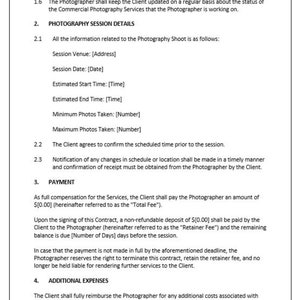Commercial Photography Contract, Editable Template, Contract Agreement ...