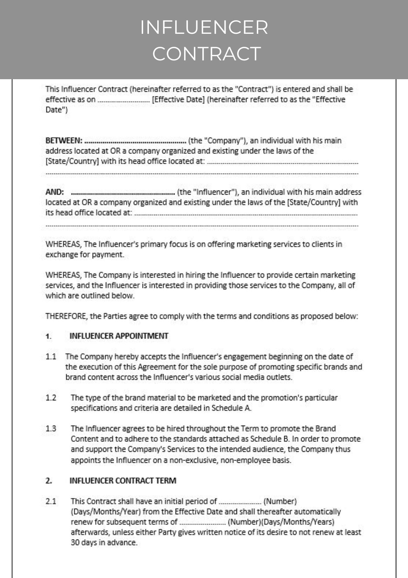 Influencer Contract, Editable Contract, Contract Agreement, Influencer ...