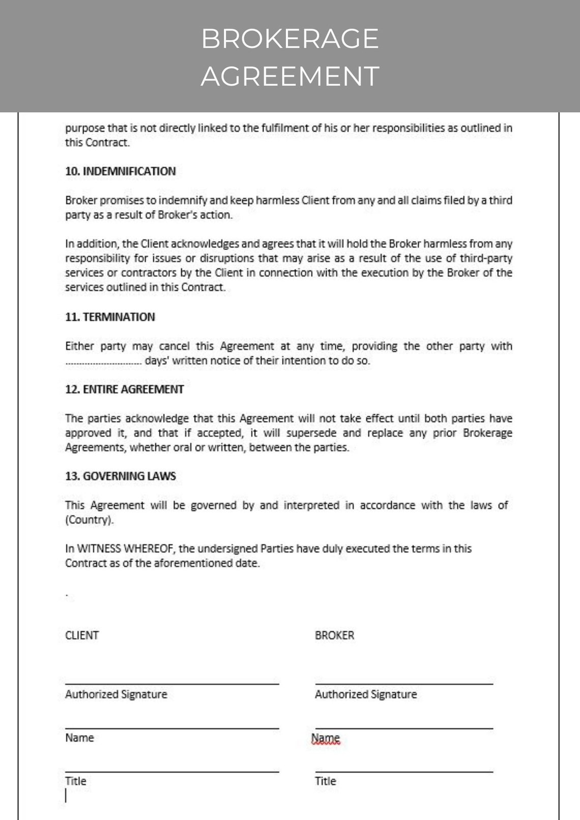 Brokerage Agreement, Contract Agreement, Contract Template, Editable ...