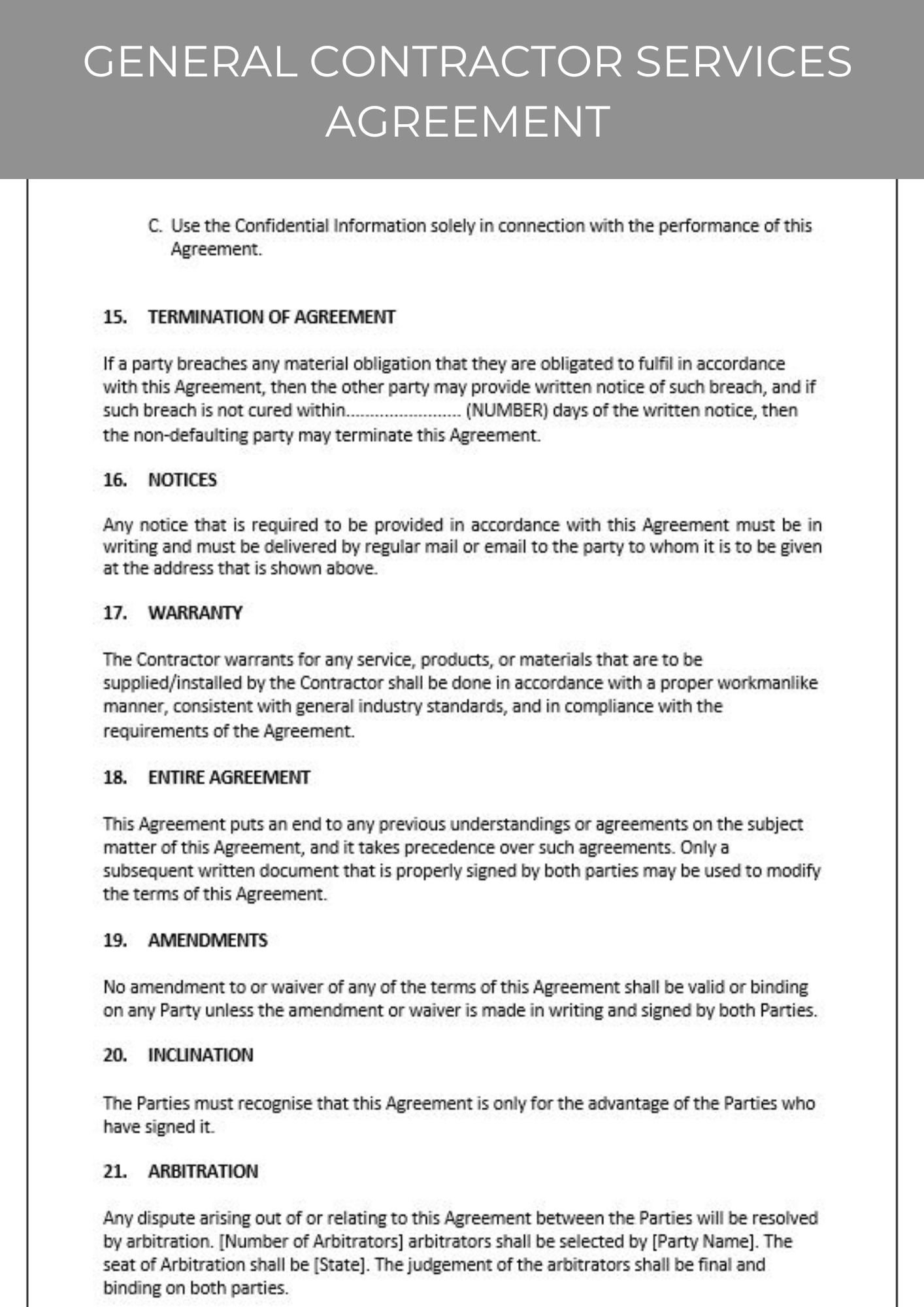 General Contractor Services Agreement, Editable Template, Contract ...