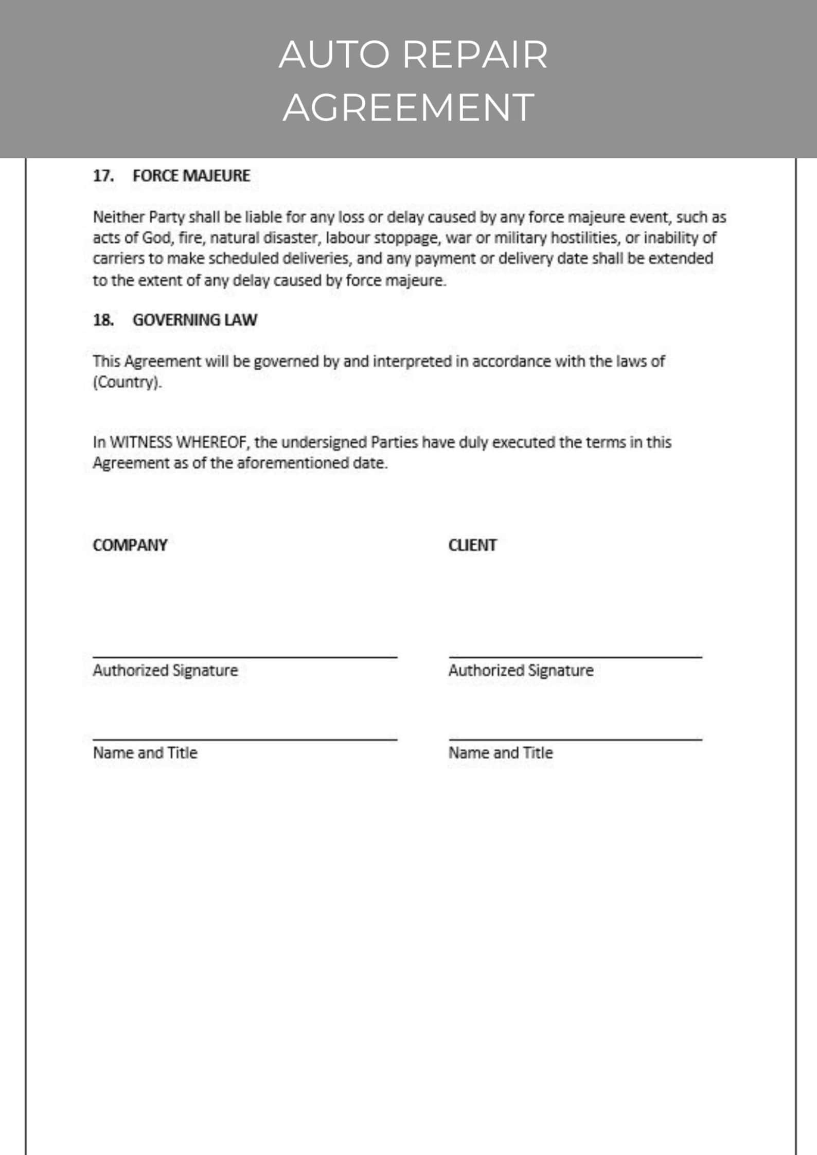 Auto Repair Agreement, Editable Template, Contract Agreement, Contract ...