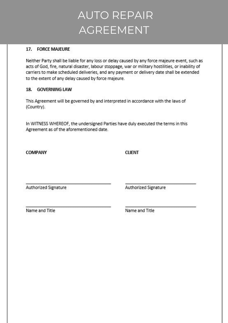 Auto Repair Agreement, Editable Template, Contract Agreement, Contract ...