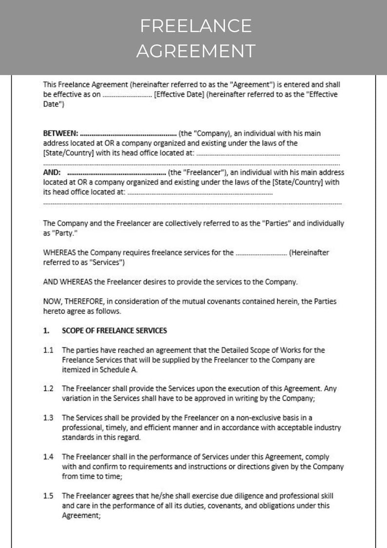 Freelance Agreement, Editable Agreement, Contract Agreement, Freelance Contract Template ...