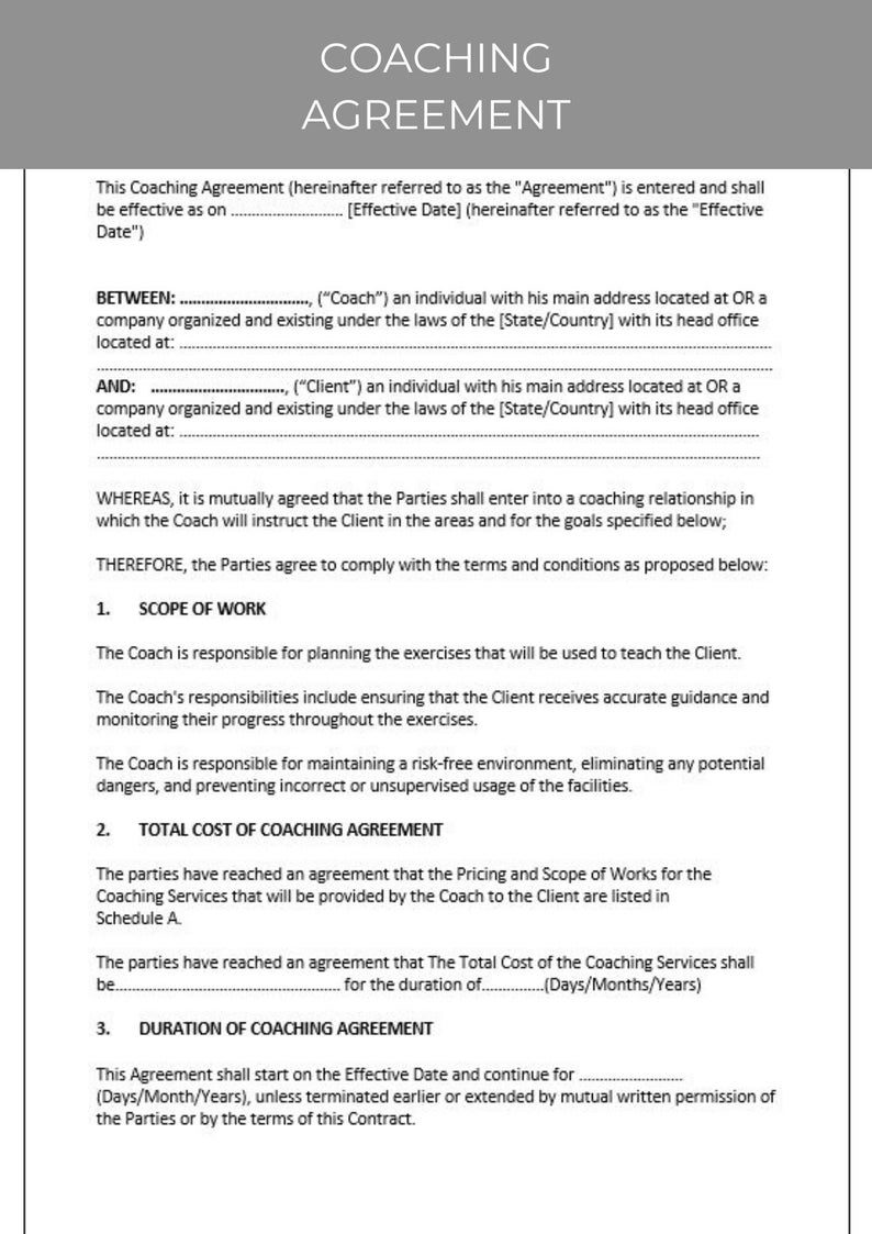 Coaching Agreement, Contract Agreement, Coaching Contract Template ...