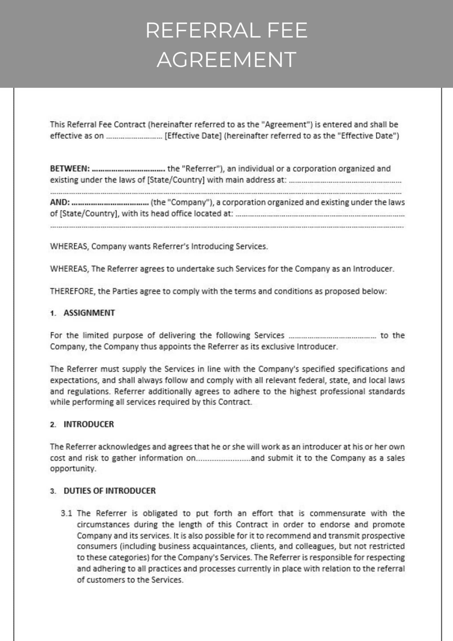 Referral Fee Agreement, Editable Template, Contract Agreement, Referral ...