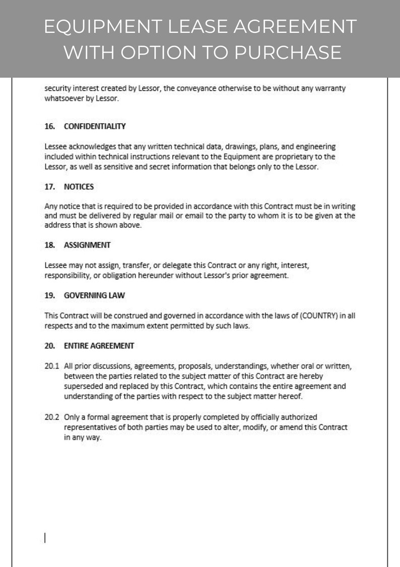 Equipment Lease With Option to Purchase Agreement, Editable Template ...