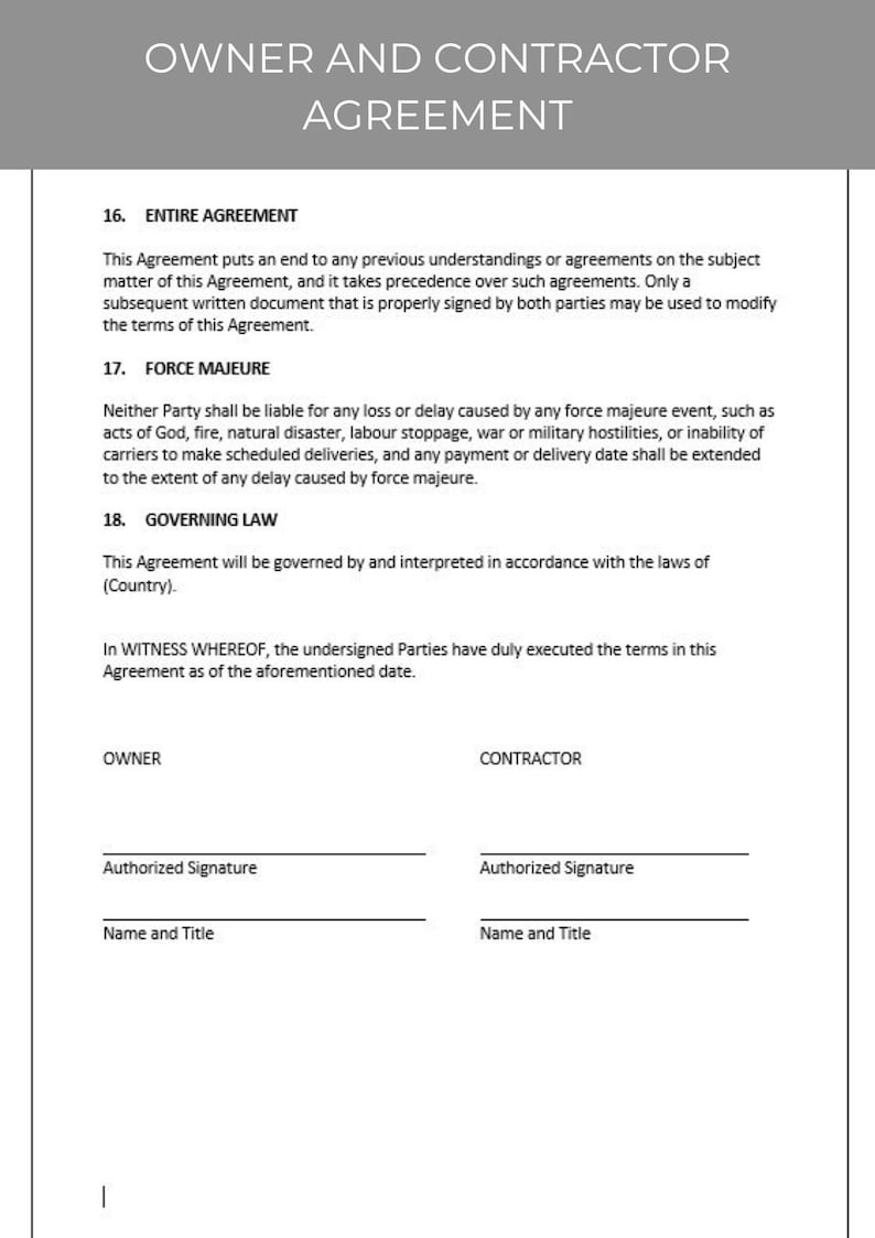 Owner and Contractor Agreement, Construction Agreement, Contract ...
