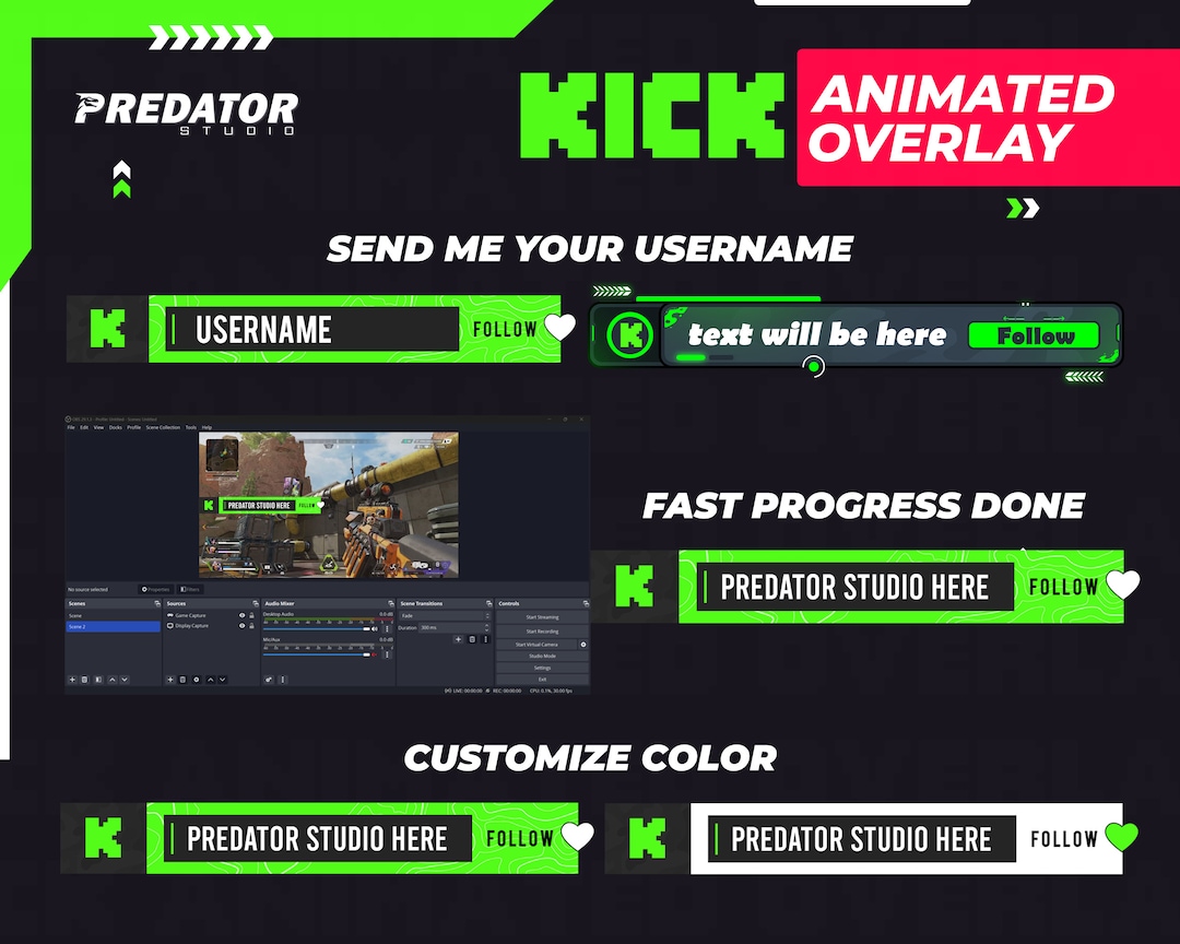 Semi-custom Animated Kick Overlay for Streaming, Kick Overlay, Stream ...