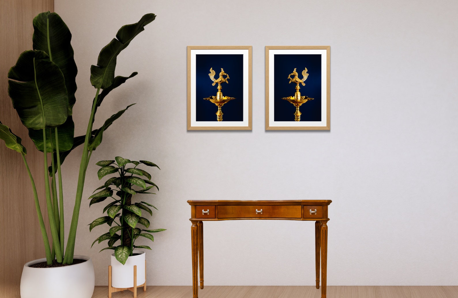 Antique Indian Brass Lamp on Blue Background, Set of Two Prints for ...