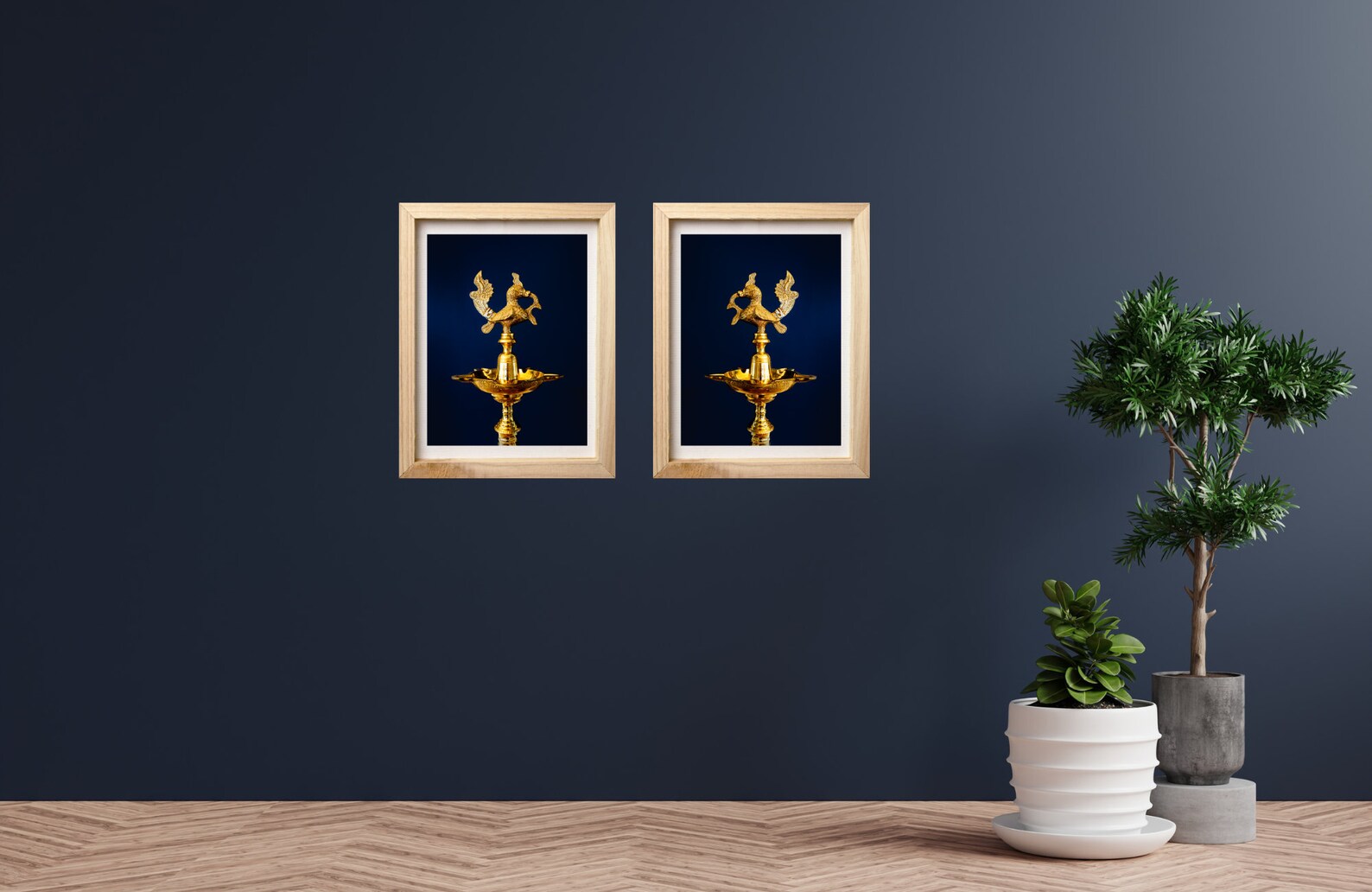 Antique Indian Brass Lamp on Blue Background, Set of Two Prints for ...