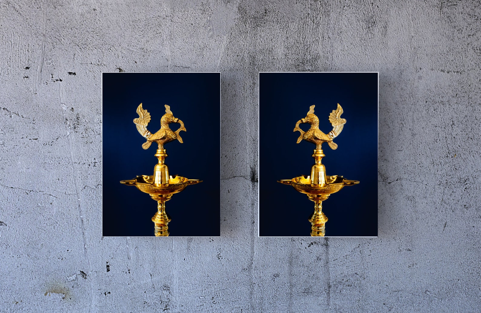 Antique Indian Brass Lamp on Blue Background, Set of Two Prints for ...