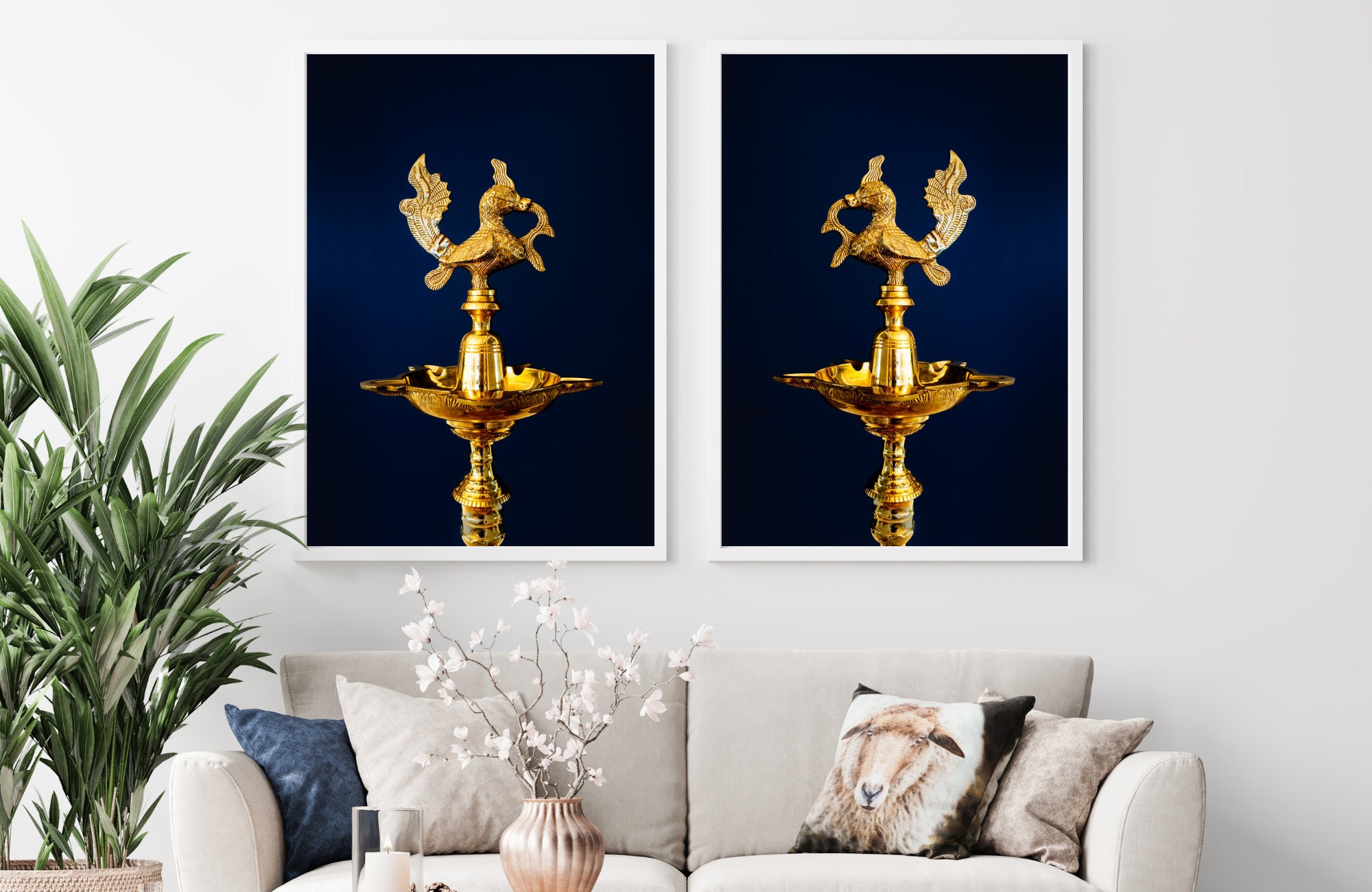 Antique Indian Brass Lamp on Blue Background, Set of Two Prints for ...