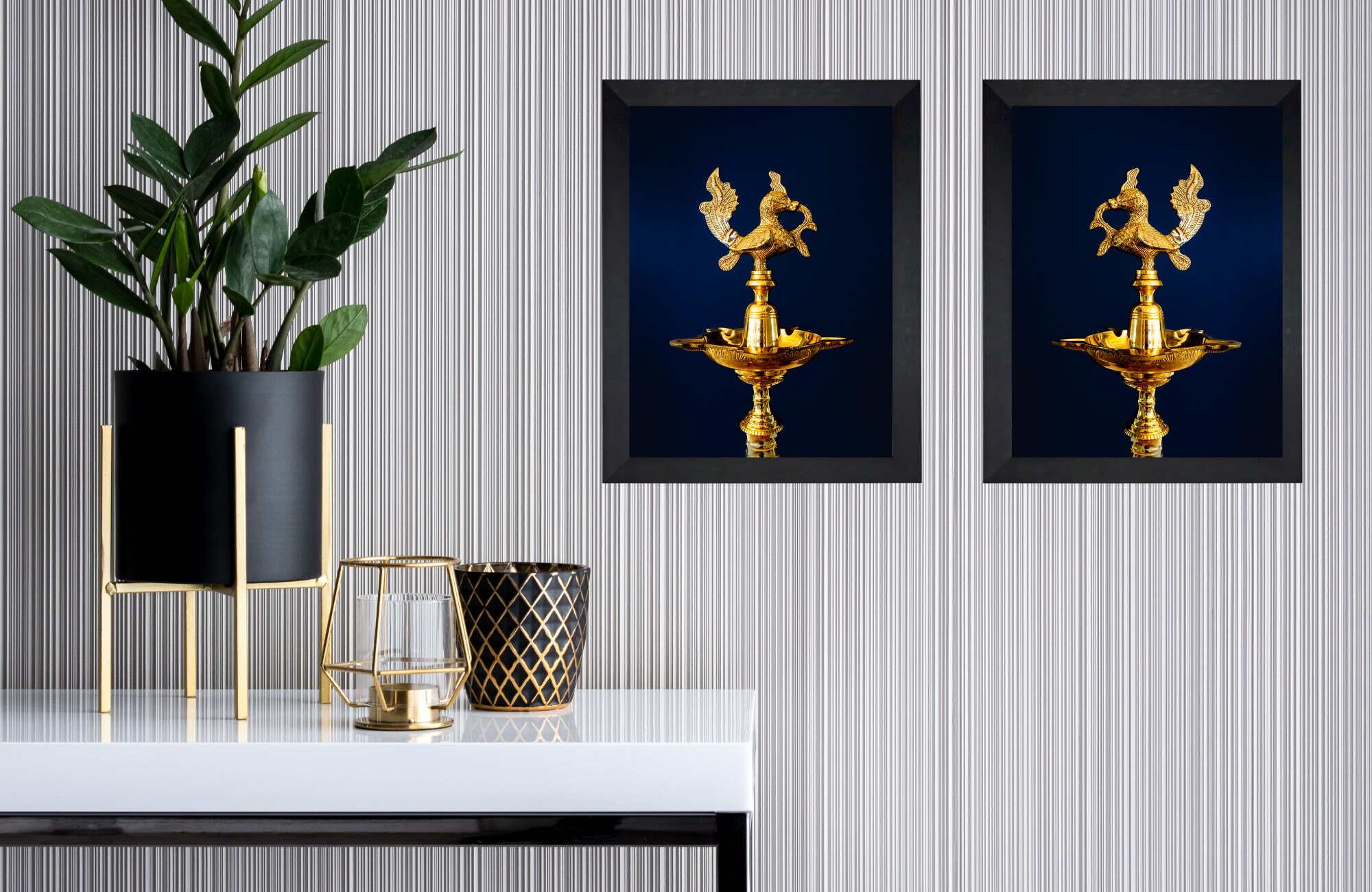 Antique Indian Brass Lamp on Blue Background, Set of Two Prints for ...