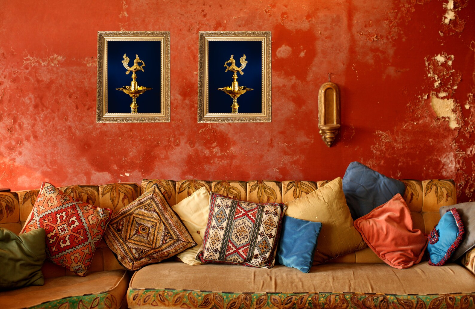 Antique Indian Brass Lamp on Blue Background, Set of Two Prints for ...
