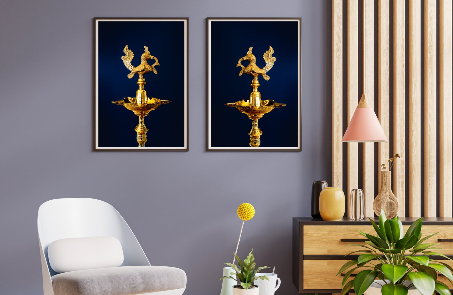 Antique Indian Brass Lamp on Blue Background, Set of Two Prints for ...