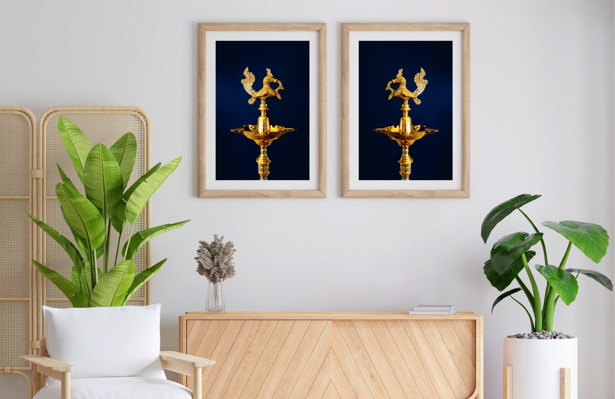 Antique Indian Brass Lamp on Blue Background, Set of Two Prints for ...