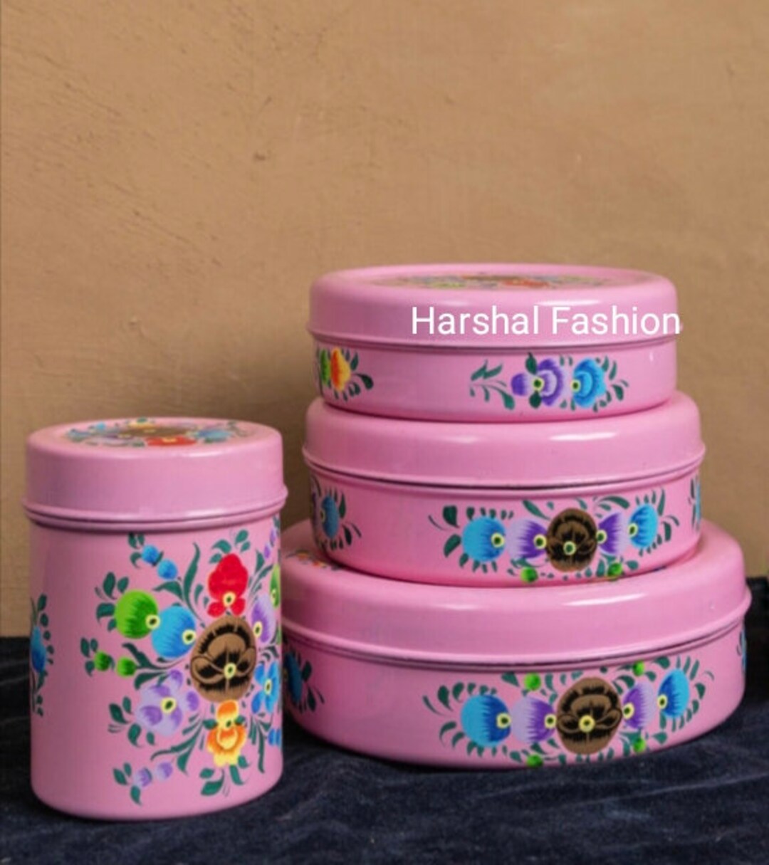 Indian Container,hand Painted Stainless Steel Enamel Round Container 4 ...