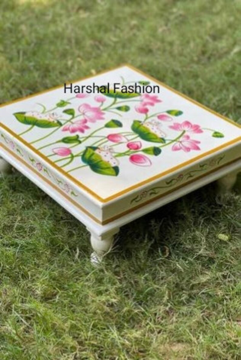 Indian Wooden Pooja Chowki Hand Painted Chowki Stool / Beautiful Indian ...