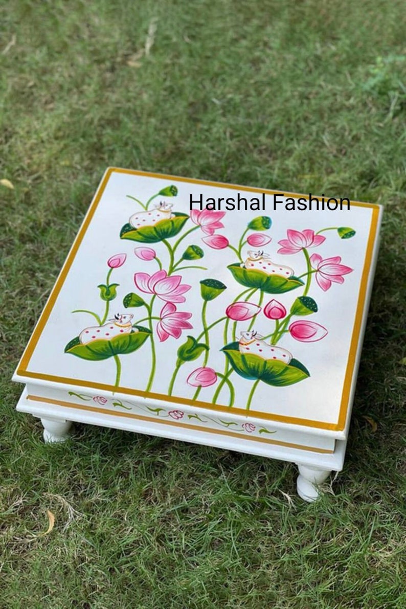 Indian Wooden Pooja Chowki Hand Painted Chowki Stool / Beautiful Indian ...