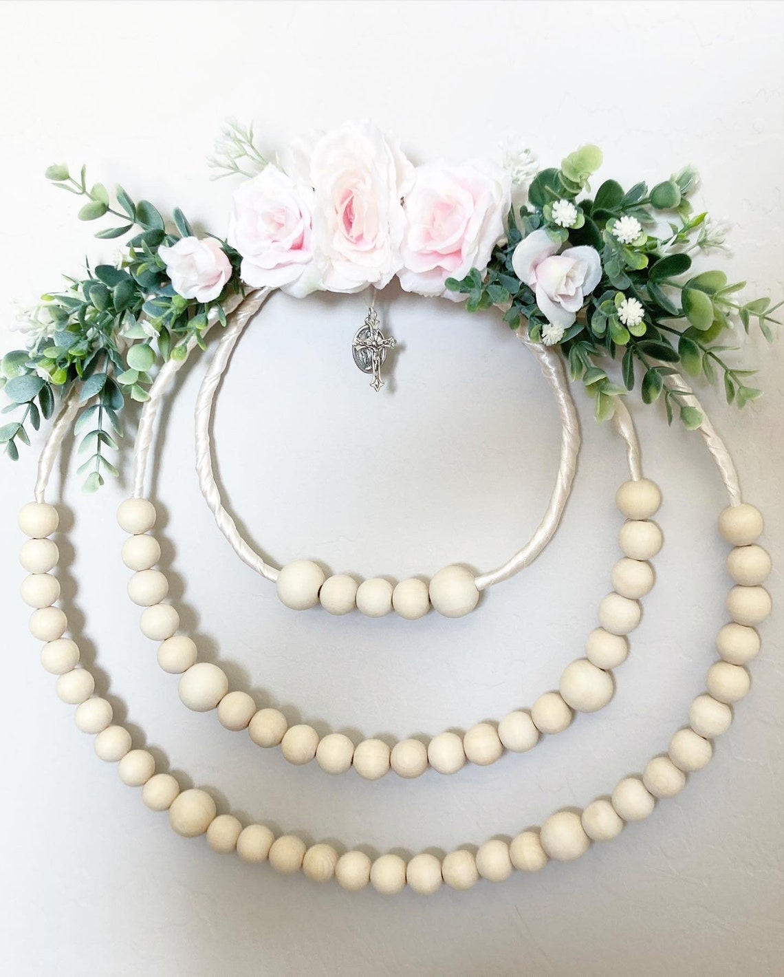 Rosary Inspired Beaded Wreath, Hidden Rosary Wall Hanger, Catholic Wall ...